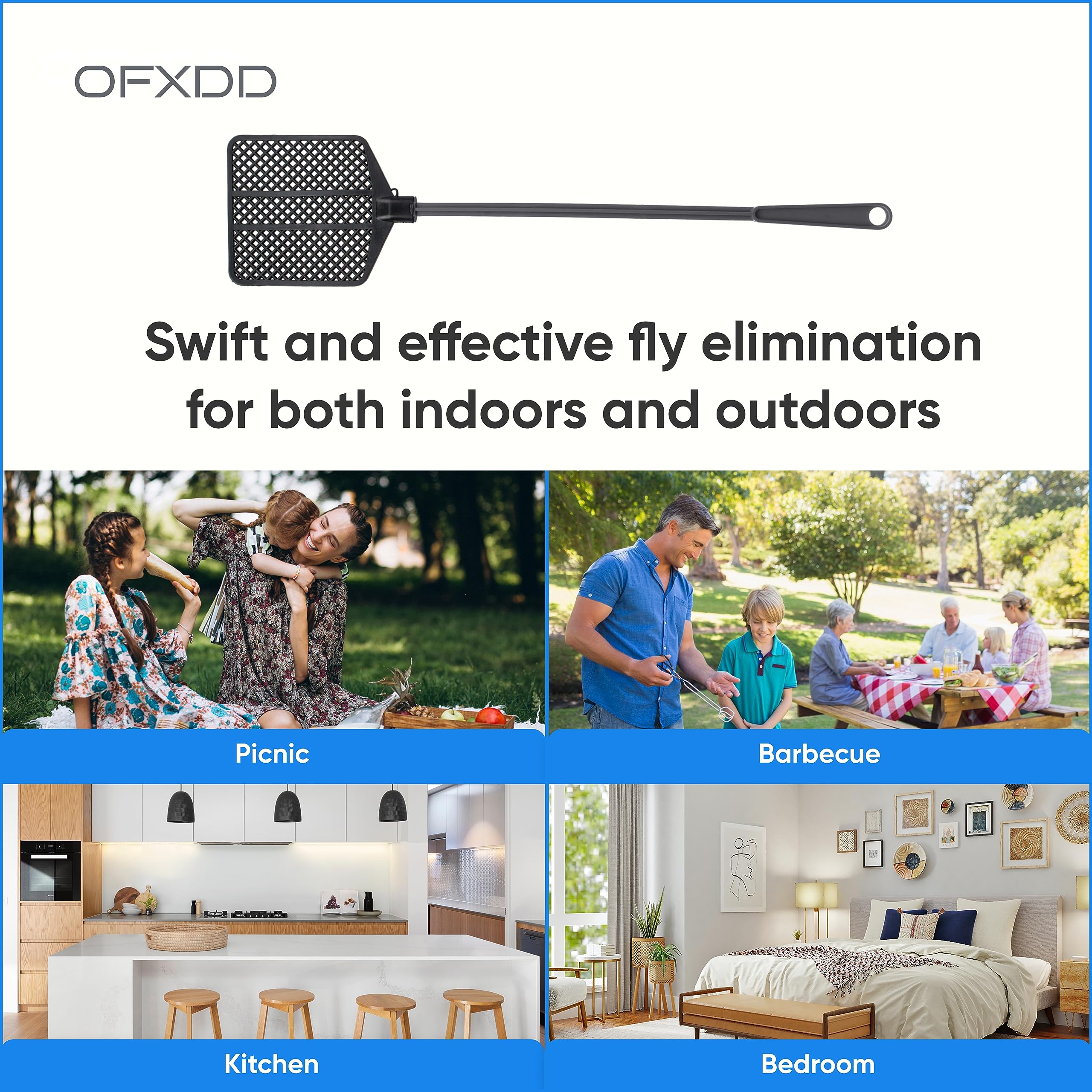 OFXDD Rubber Fly Swatter, Long Fly Swatter Pack, Fly Swatter Heavy Duty, All Black Color (4 Pack)