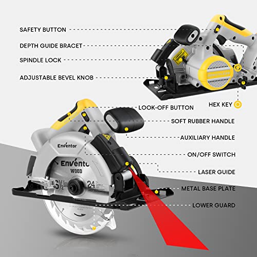 Cordless Circular Saw, Enventor 20V 6-1/2" 4800RPM Brushless Cordless Circular Saw with 4.0Ah Lithium Battery and Rapid Charger, Laser Guide, Skill Saw Max Cutting Depth 2.24" (90°), 1.69" (45°)