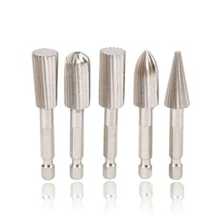 wisoqu 5pcs rotary file cutting burrs,14in hex shank double cut metal grinder drill bit set high speed steel rotary file set,for carving polishing