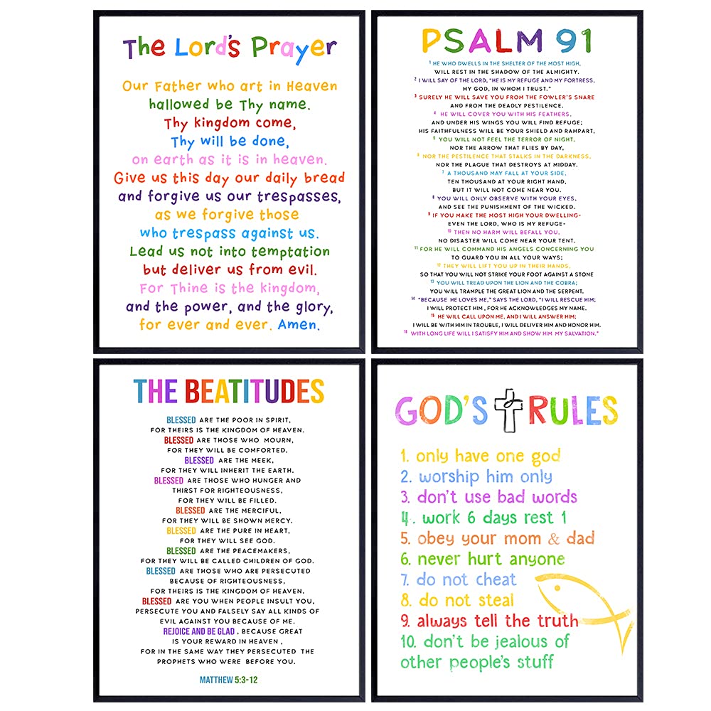 LARGE 11x14 - Ten Commandments Wall Decor - Psalm 91 - Lords Prayer Wall Art - Religious Wall Decor - Christian Wall Art - Beatitudes Wall Art - Catholic Gifts - God Bible Verses - Scripture Wall Art