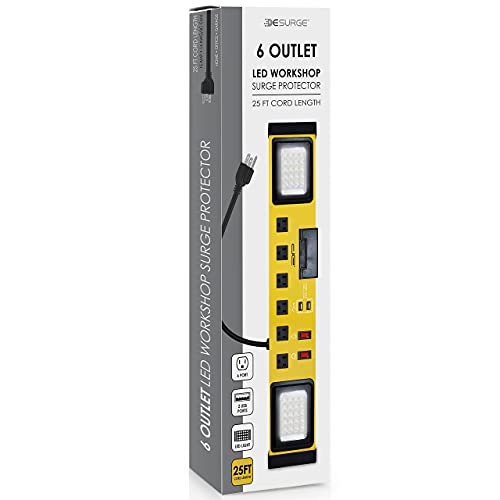 Digital Energy 6 Outlet Heavy Duty Workshop Surge Protector Power Strip with Lighting - AC 15A 125V 60Hz 1875W SJT 14AWG/3C - 2 USB Ports DC 5V 3.4A - 2 LED Lamps 500 Lumen 20W - 25 FT