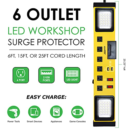 Digital Energy 6 Outlet Heavy Duty Workshop Surge Protector Power Strip with Lighting - AC 15A 125V 60Hz 1875W SJT 14AWG/3C - 2 USB Ports DC 5V 3.4A - 2 LED Lamps 500 Lumen 20W - 25 FT