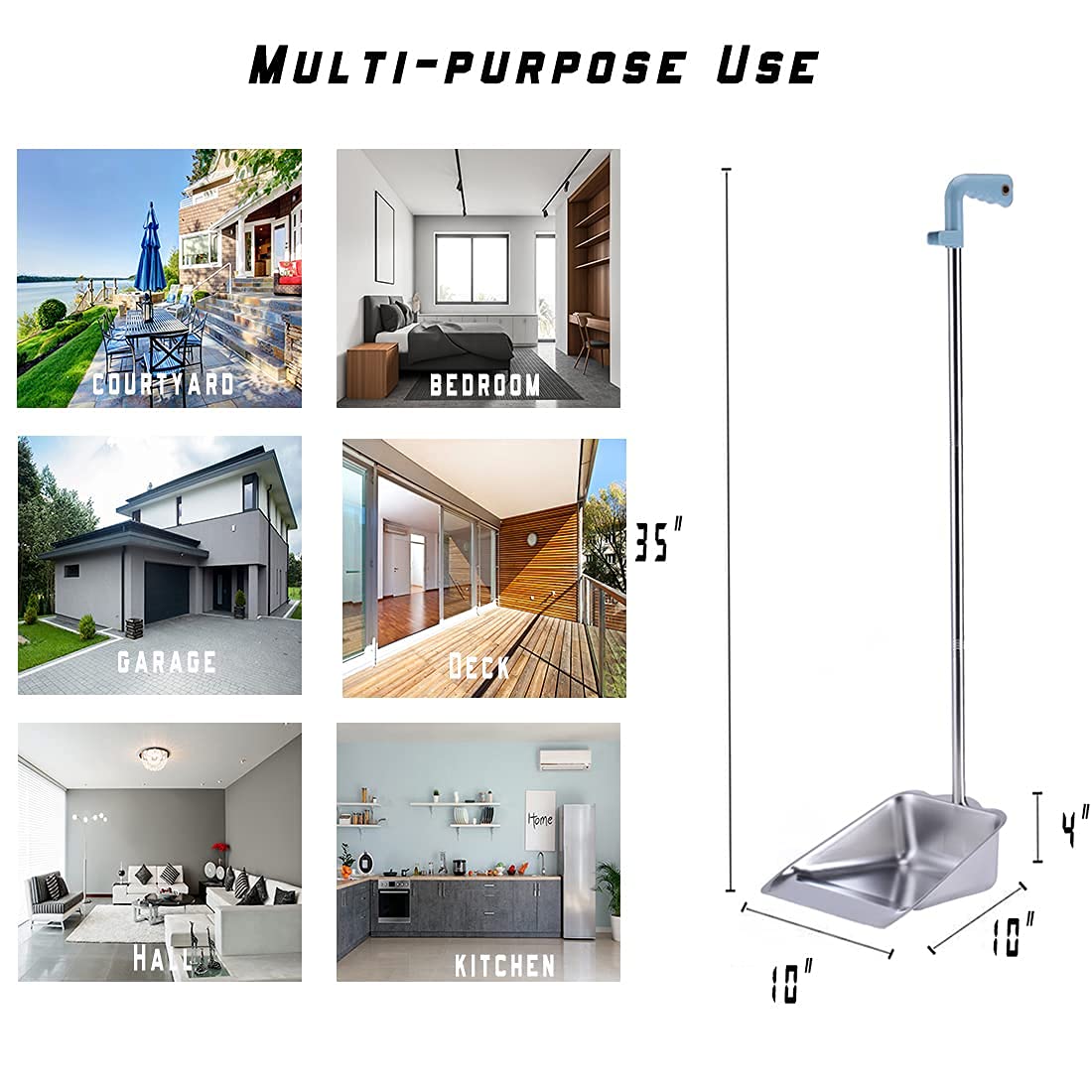 YONILL Dust Pans with Long Handle - Metal Upright Dustpan Heavy Duty, 35" Long Handled Stand Up Dustpans for Lobby, Garage, Home and Yard (Dustpan only)