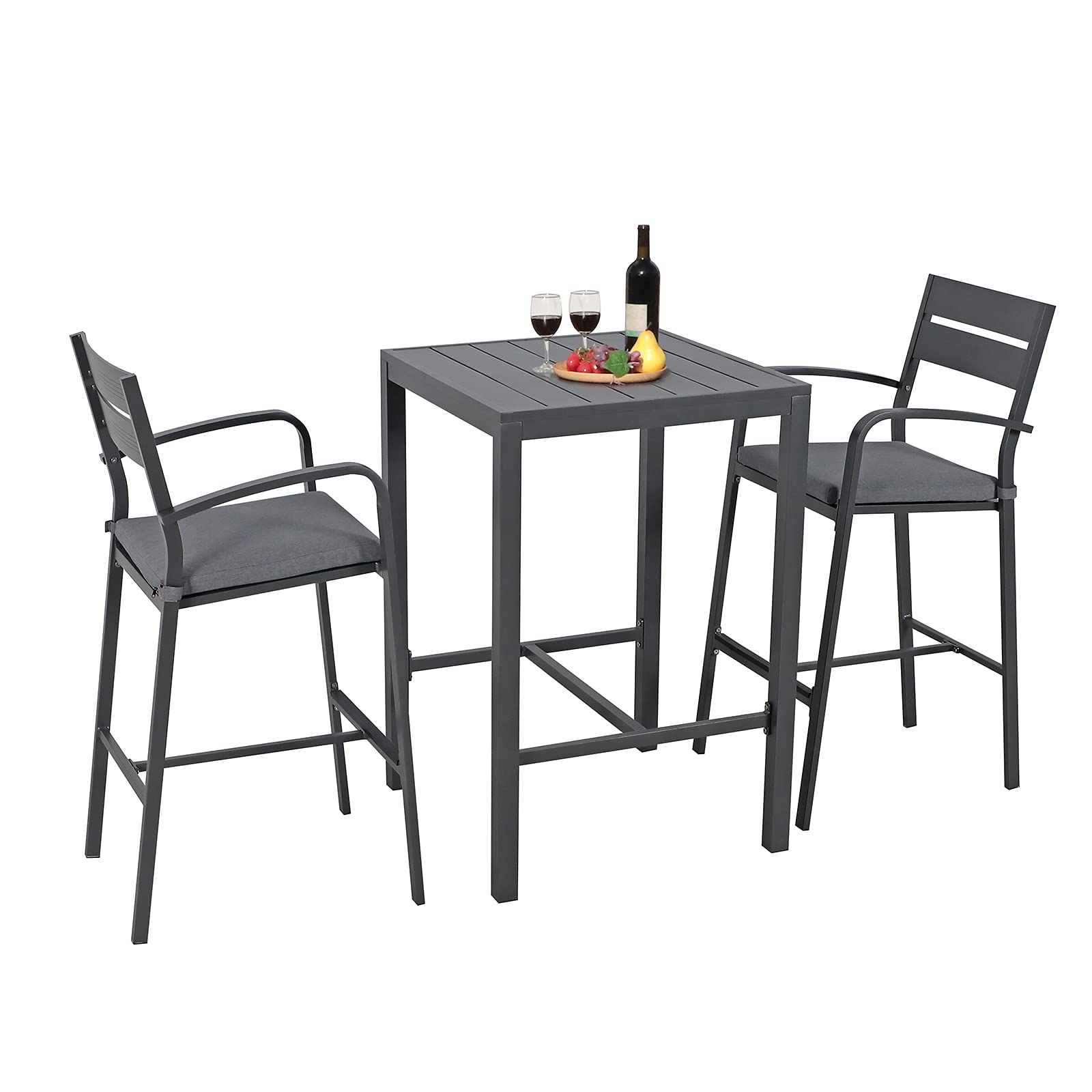 Soleil Jardin Aluminum Outdoor Bar Set, 3-Piece Outdoor Bar Height Table and Chairs Set, Counter Height Bar Stools with Cushions & Slatted High Top Bar Table for Patios, Backyard, Poolside, Dark Grey