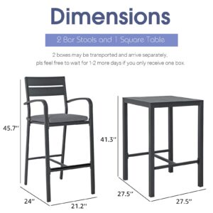 Soleil Jardin Aluminum Outdoor Bar Set, 3-Piece Outdoor Bar Height Table and Chairs Set, Counter Height Bar Stools with Cushions & Slatted High Top Bar Table for Patios, Backyard, Poolside, Dark Grey