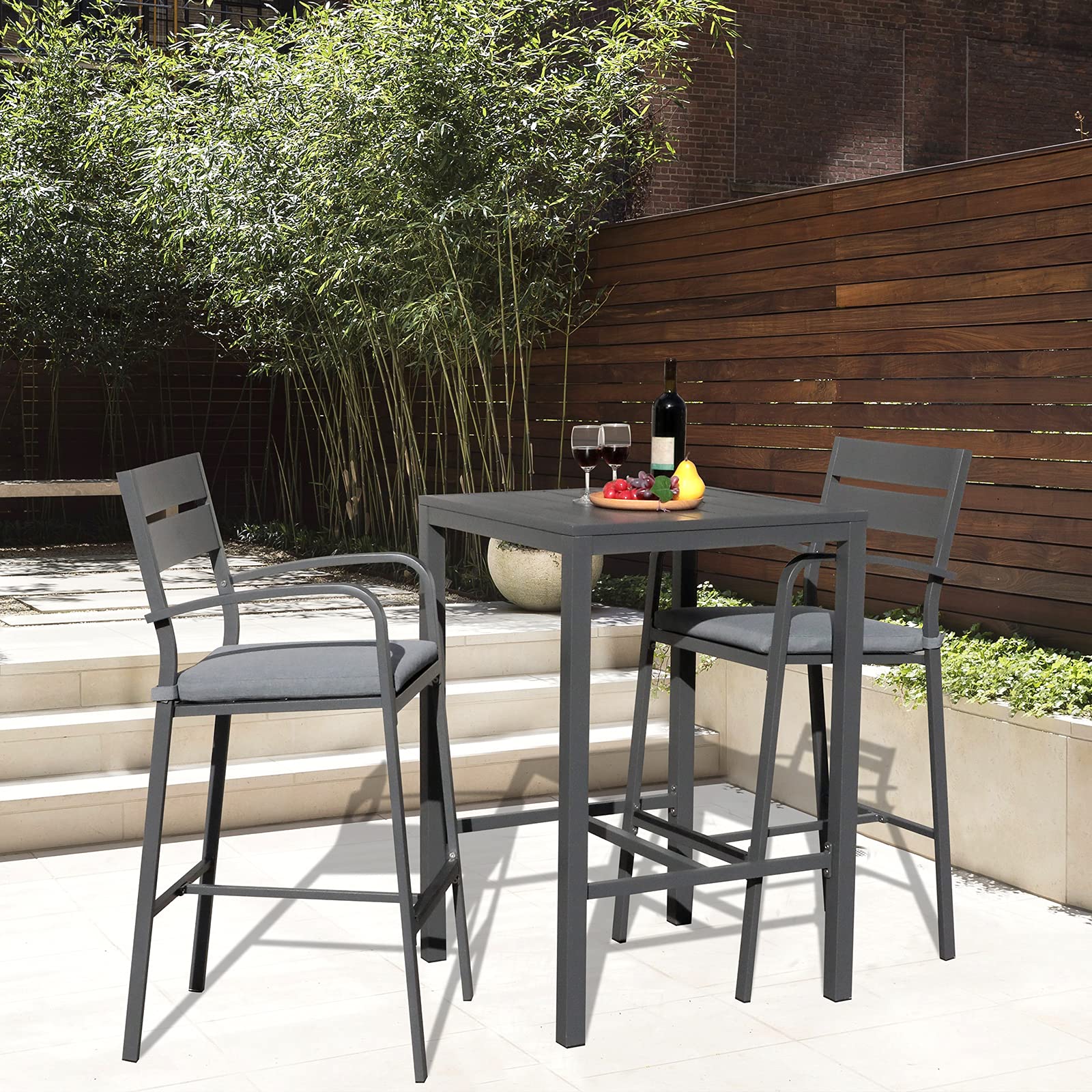 Soleil Jardin Aluminum Outdoor Bar Set, 3-Piece Outdoor Bar Height Table and Chairs Set, Counter Height Bar Stools with Cushions & Slatted High Top Bar Table for Patios, Backyard, Poolside, Dark Grey