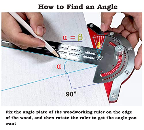 MUSIBO Protractor Angle Finder, Woodworkers Edge Ruler, T Square, T Ruler, Straight Edge inch Ruler,Multi-Function Angle Measure Tool Woodworking Metal Ruler Kit with Wall Hanging Storage Rack(18in)