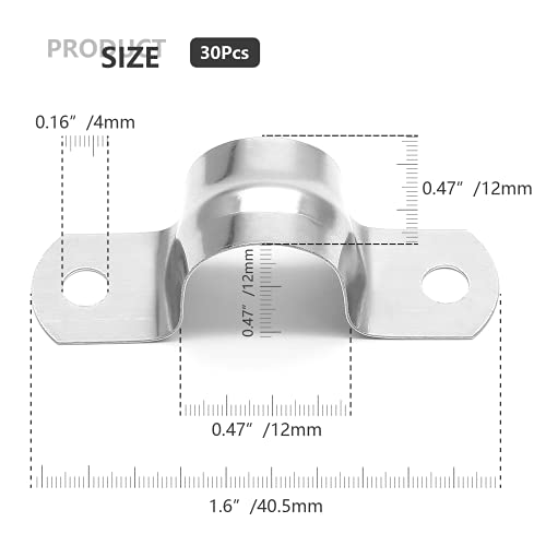 Bonsicoky 30Pcs M12 Rigid Pipe Strap, 1/2" Stainless Steel 2 Holes Cable U Bracket Pipe Clamp for Fixing Pipe or Cable, 0.47" Width