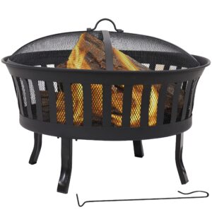 sunnydaze 25-inch steel wood-burning fire pit with mesh stripe cutouts - includes poker and spark screen