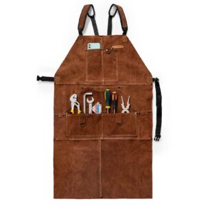 yeswelder leather welding work shop apron with 6 pockets heat flame resistant cowhide welder apron heavy duty blacksmith aprons adjustable for welders men women length 41"