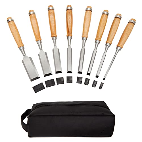 8 Piece Chisel Set for Woodworking with Blade Tip Guard and Storage Pouch (8 Sizes)