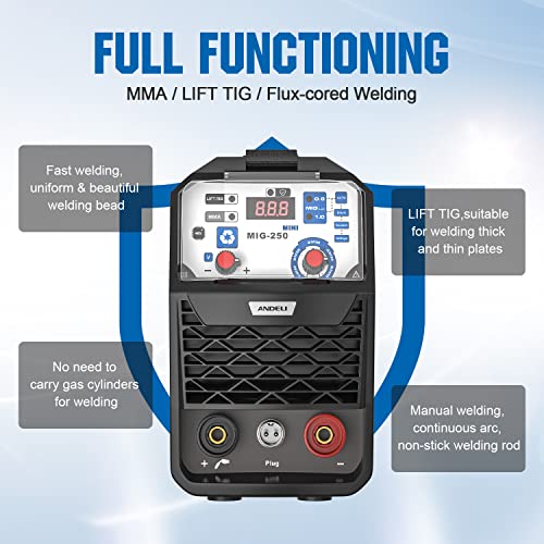 ANDELI MIG Welder 120Apm, MIG Welder Flux MIG/Lift Tig/Stick 3-in-1 Multiprocess Welder MIG Welding Without Gas Flux Welding MIG-250ME (Iron Shell Suit)