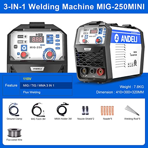 ANDELI MIG Welder 120Apm, MIG Welder Flux MIG/Lift Tig/Stick 3-in-1 Multiprocess Welder MIG Welding Without Gas Flux Welding MIG-250ME (Iron Shell Suit)