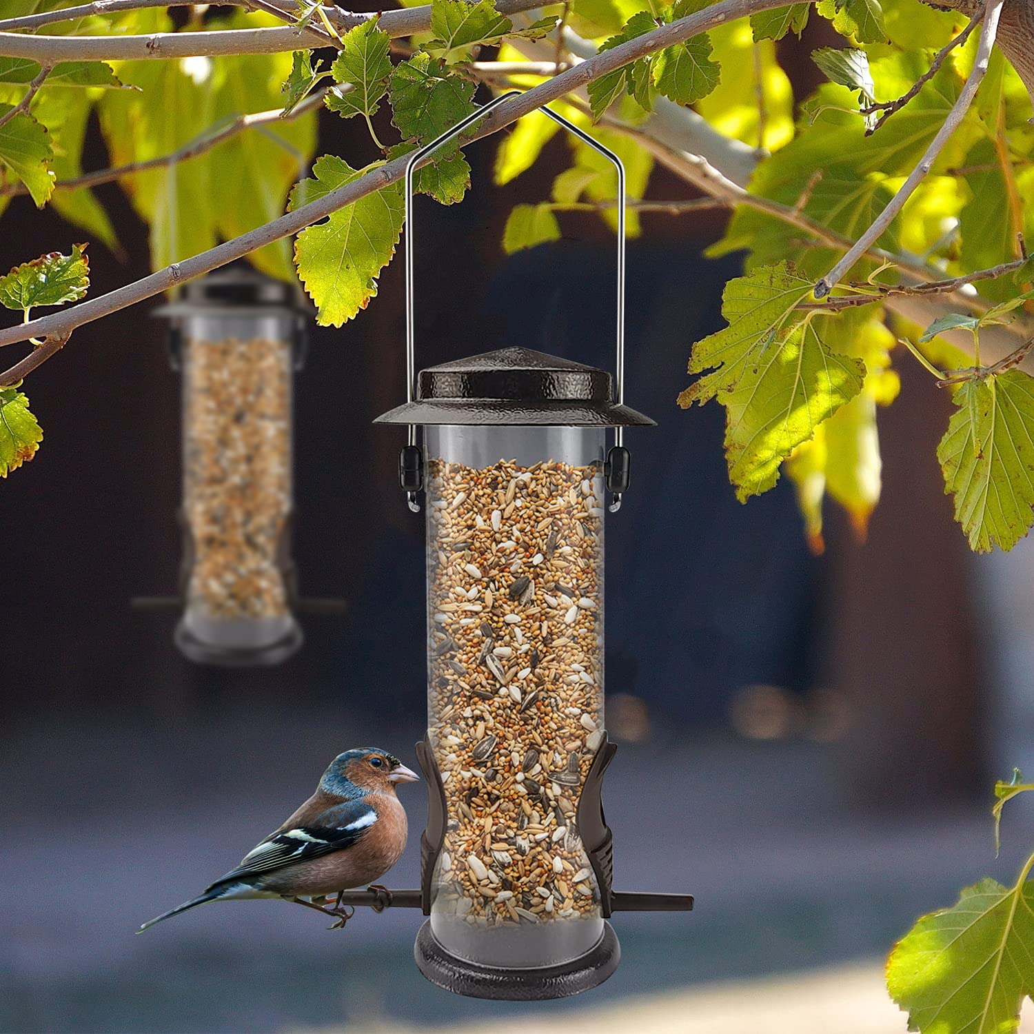 MIXXIDEA Wild Bird Feeders for Outdoors Hanging 2 Pack Stainless Steel Tube Bird Feeder Squirrel Proof, Finch Feeder for Garden Backyard Decoration Attractive Metal Thistle Feeder (Coffee)