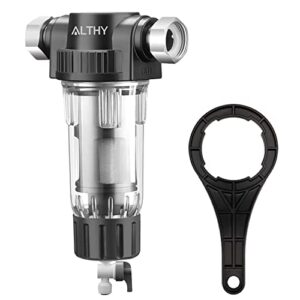 althy spin down sediment filter, reusable whole house sediment water filter, flushable prefilter pre-filtration system, 3/4" + 1/2", 40-micron stainless steel mesh, traps rust, dust, sand