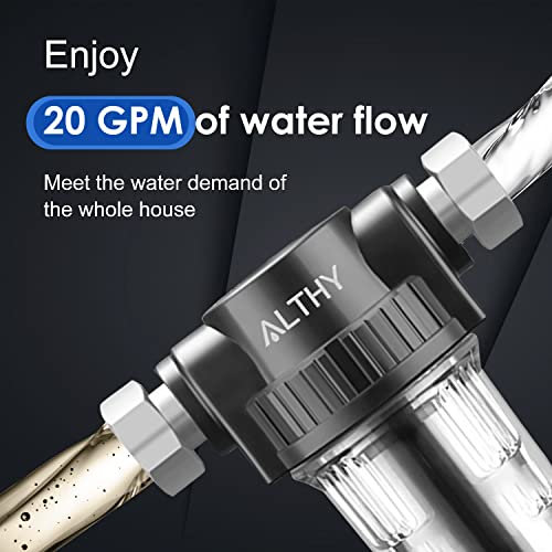 ALTHY Spin Down Sediment Filter, Reusable Whole House Sediment Water Filter, Flushable Prefilter Pre-Filtration System, 3/4" + 1/2", 40-Micron Stainless Steel Mesh, Traps Rust, Dust, Sand