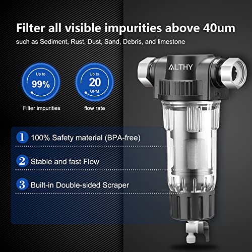 ALTHY Spin Down Sediment Filter, Reusable Whole House Sediment Water Filter, Flushable Prefilter Pre-Filtration System, 3/4" + 1/2", 40-Micron Stainless Steel Mesh, Traps Rust, Dust, Sand