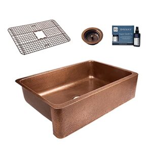 sinkology k614-b66 lange farmhouse/apron-front 32 in. single bowl grid, strainer drain, and care kitchen sink kit, 32 inch, antique copper