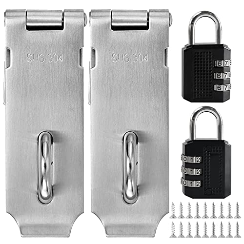 2 Pack Door Locks Hasp Latch 4Inch Stainless Steel Security Door Clasp Hasp Lock Latch with 3 Digit Padlock Combination Lock Outdoor Waterproof Safety Hasp Lock with 18Pcs Screws Brushed Finish