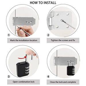 2 Pack Door Locks Hasp Latch 4Inch Stainless Steel Security Door Clasp Hasp Lock Latch with 3 Digit Padlock Combination Lock Outdoor Waterproof Safety Hasp Lock with 18Pcs Screws Brushed Finish