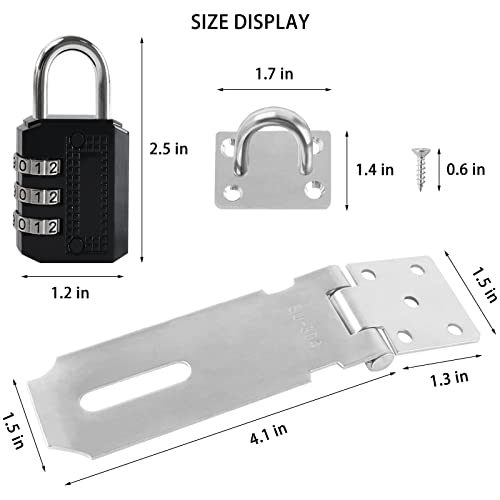 2 Pack Door Locks Hasp Latch 4Inch Stainless Steel Security Door Clasp Hasp Lock Latch with 3 Digit Padlock Combination Lock Outdoor Waterproof Safety Hasp Lock with 18Pcs Screws Brushed Finish