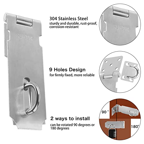 2 Pack Door Locks Hasp Latch 4Inch Stainless Steel Security Door Clasp Hasp Lock Latch with 3 Digit Padlock Combination Lock Outdoor Waterproof Safety Hasp Lock with 18Pcs Screws Brushed Finish