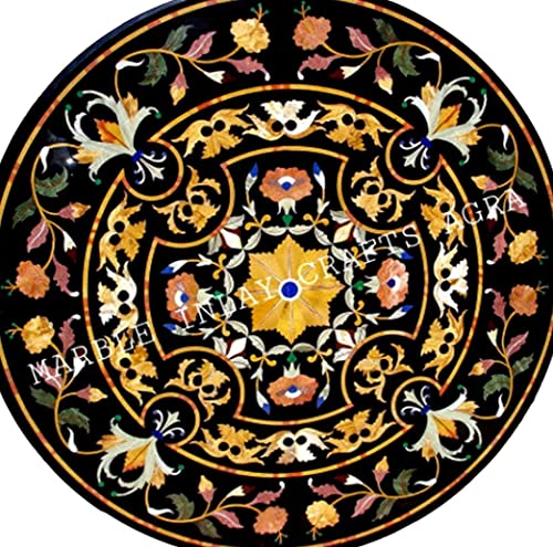 Pietra Dura Black Marble Round 30" x 30" Coffee Table Top, Black Marble Round Centre Table Top, Black Marble Round Dining Table Top, Piece Of Conversation, Family HeirLoom