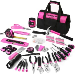 thinkwork pink tool set - 207 piece lady's portable home repairing tool kit with 13'' wide mouth open storage tool bag, perfect for diy, home maintenance - christmas gift for women, lhts-034