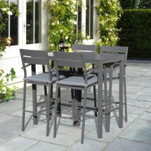 Soleil Jardin Outdoor Aluminum 5-Piece Bar Set, Dining Bistro Pub Set, Patio Bar Height Chairs with Cushion & Slatted High Top Table for Backyard Garden Pool, Dark Grey