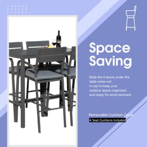 Soleil Jardin Outdoor Aluminum 5-Piece Bar Set, Dining Bistro Pub Set, Patio Bar Height Chairs with Cushion & Slatted High Top Table for Backyard Garden Pool, Dark Grey