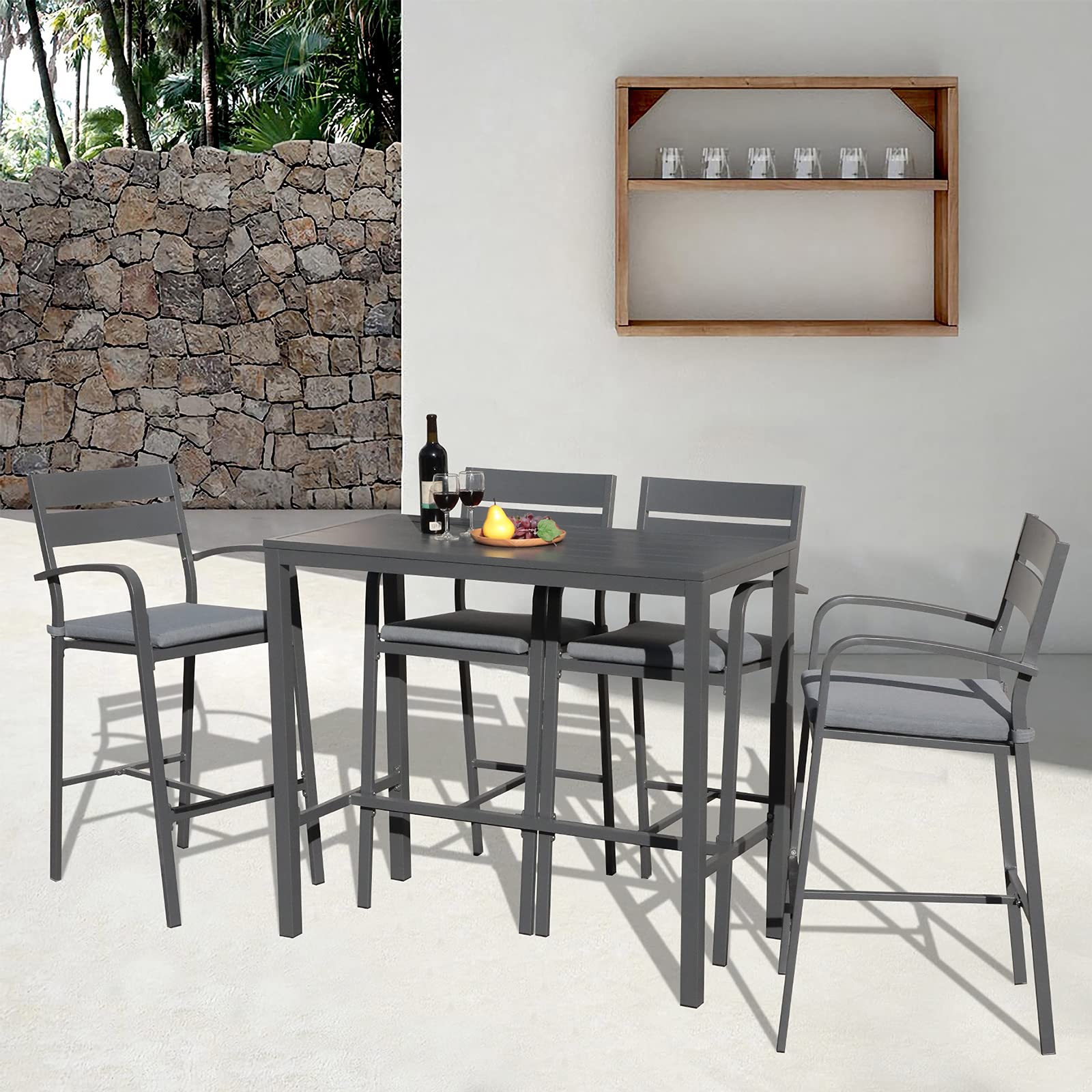 Soleil Jardin Outdoor Aluminum 5-Piece Bar Set, Dining Bistro Pub Set, Patio Bar Height Chairs with Cushion & Slatted High Top Table for Backyard Garden Pool, Dark Grey