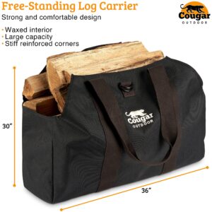 Cougar Outdoor Firewood Carrier Log Carrier (Black) – Waterproof, Heavy Duty, XXL Capacity Canvas Wood Carrying Bag for Firewood, Camping, Wood Fire Stove & Fireplace Gift for Him Idea