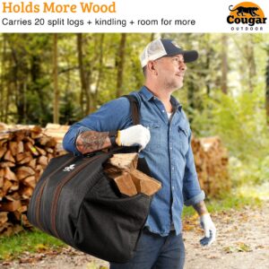 Cougar Outdoor Firewood Carrier Log Carrier (Black) – Waterproof, Heavy Duty, XXL Capacity Canvas Wood Carrying Bag for Firewood, Camping, Wood Fire Stove & Fireplace Gift for Him Idea