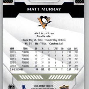 2020-21 Upper Deck MVP #15 Matt Murray Pittsburgh Penguins NHL Hockey Card NM-MT