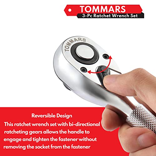 TOMMARS Stubby Ratchet Set, 1/4", 3/8", 1/2" Drive Ratchet Handle Wrench 72-Tooth Quick-Release Reversible