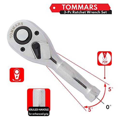 TOMMARS Stubby Ratchet Set, 1/4", 3/8", 1/2" Drive Ratchet Handle Wrench 72-Tooth Quick-Release Reversible