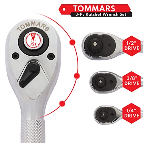 TOMMARS Stubby Ratchet Set, 1/4", 3/8", 1/2" Drive Ratchet Handle Wrench 72-Tooth Quick-Release Reversible