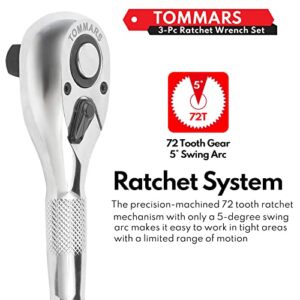 TOMMARS Stubby Ratchet Set, 1/4", 3/8", 1/2" Drive Ratchet Handle Wrench 72-Tooth Quick-Release Reversible