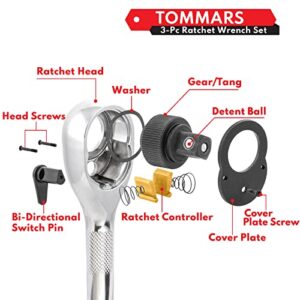 TOMMARS Stubby Ratchet Set, 1/4", 3/8", 1/2" Drive Ratchet Handle Wrench 72-Tooth Quick-Release Reversible