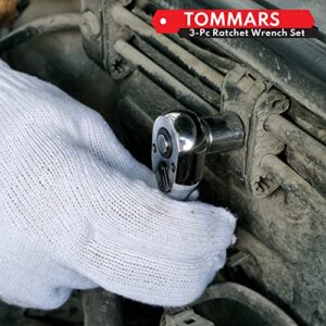 TOMMARS Stubby Ratchet Set, 1/4", 3/8", 1/2" Drive Ratchet Handle Wrench 72-Tooth Quick-Release Reversible