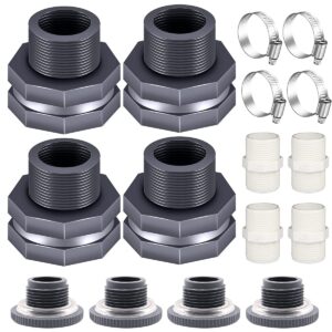 tnuocke 4pcs pvc bulkhead fitting 3/4 inch with plugs,water pipe connector,(21-38mm) hose clamps kit,water tank connector adapter,thru-bulk pipe fitting for rain barrels,water tanks,pools(grey) h-07