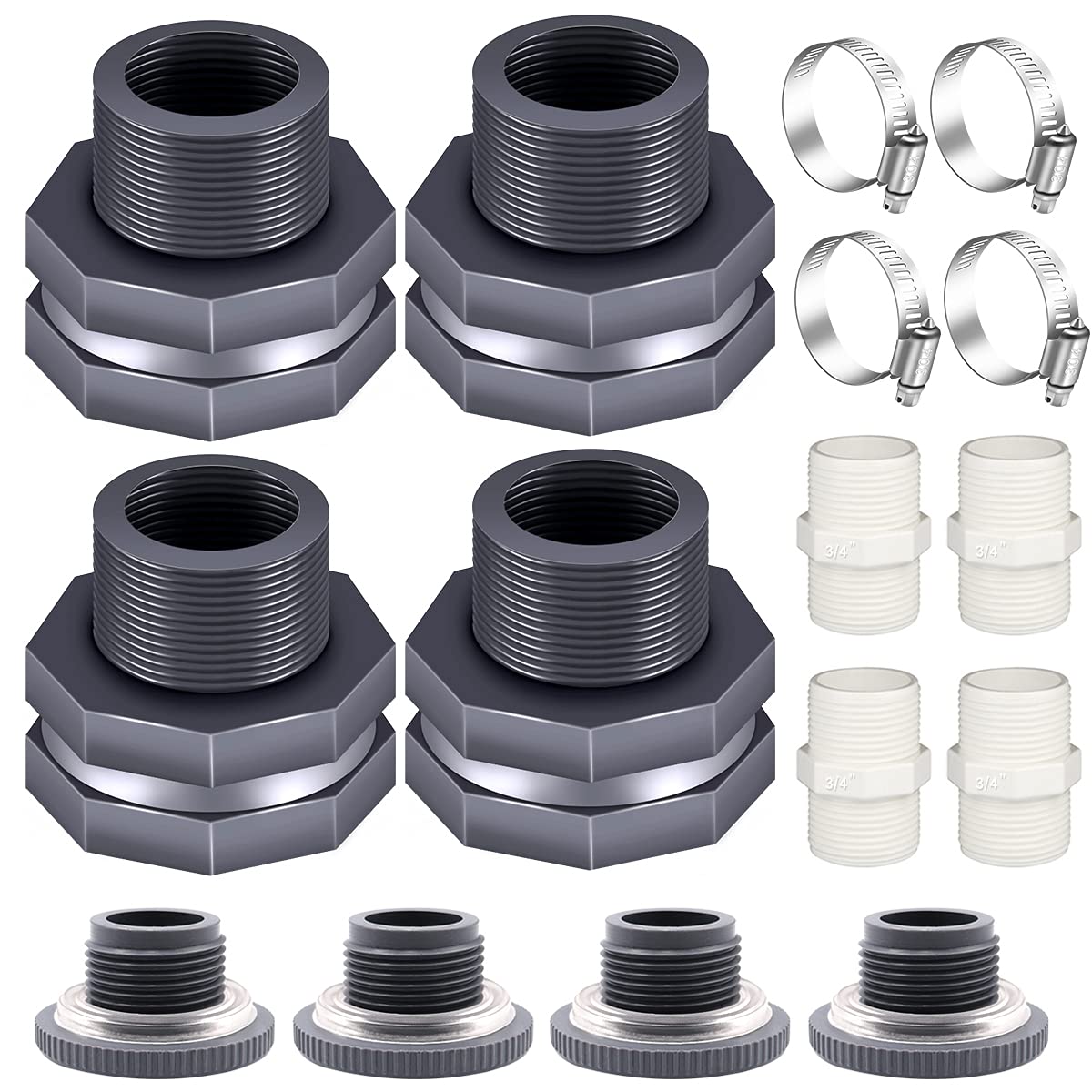 Tnuocke 4PCS PVC Bulkhead Fitting 3/4 Inch with Plugs,water Pipe Connector,(21-38mm) Hose Clamps Kit,Water Tank Connector Adapter,Thru-Bulk Pipe Fitting for Rain Barrels,Water Tanks,Pools(Grey) H-07