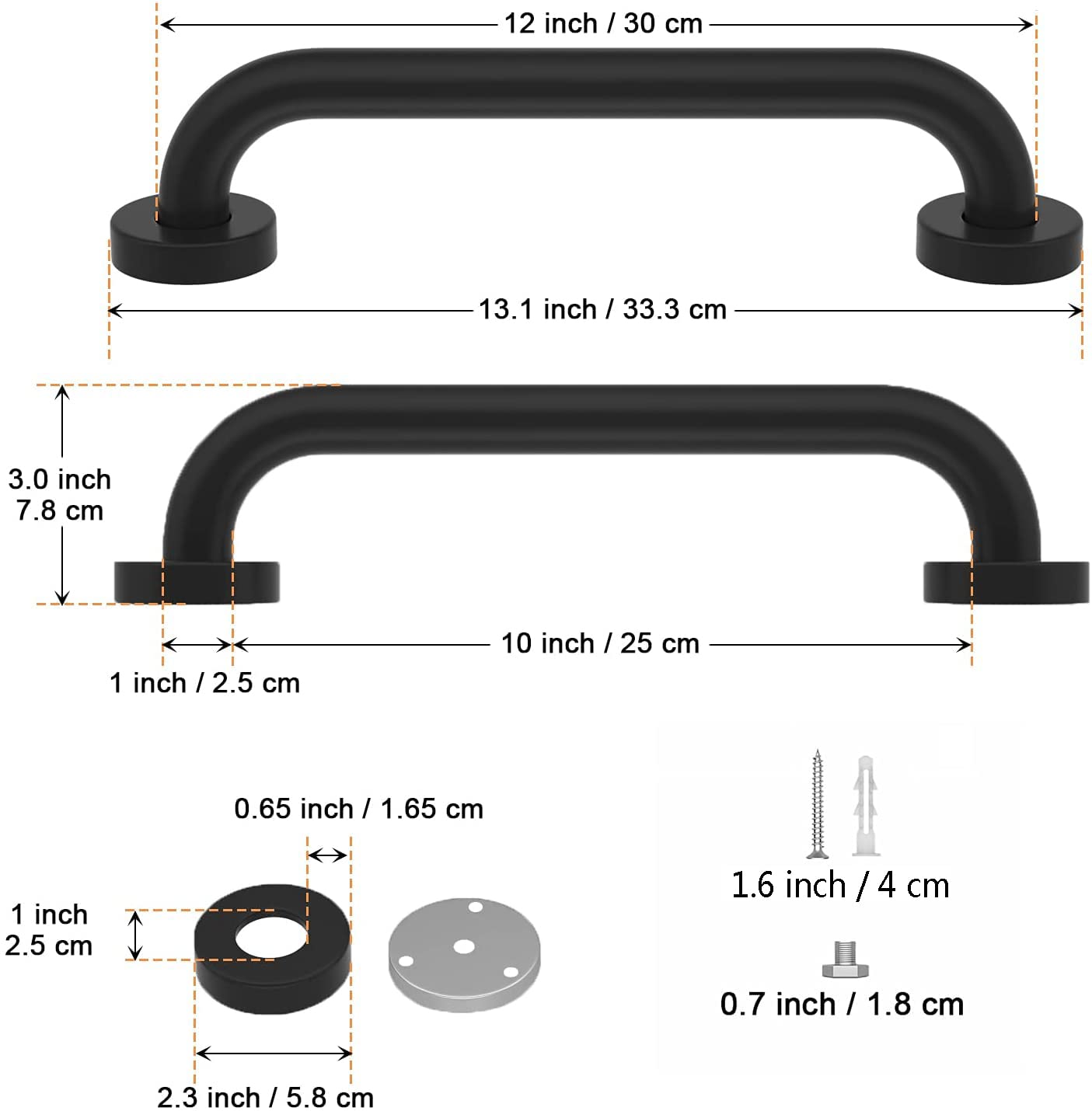 Matte Black Shower Grab Bar 12 Inch-1" Diameter, iMomwee Stainless Steel Small Safety Bars Bathroom Balance Support Bar, Assist Handle Wall Handrail Mobility Aids for Handicap Elderly Senior Disabled