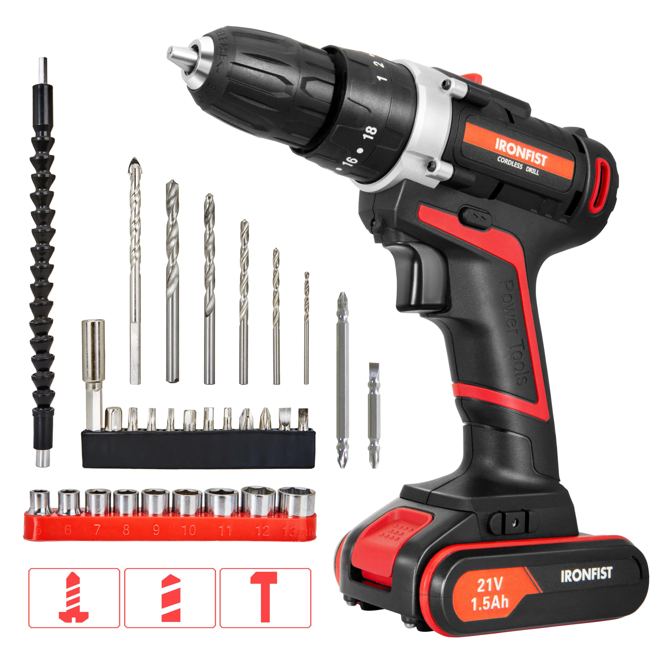 IRONFIST Cordless Drill, Screwdriver Impact Power Tools 21V Lithium Battery 3/8inch Keyless Chuck Led Light 2 Speed Driver