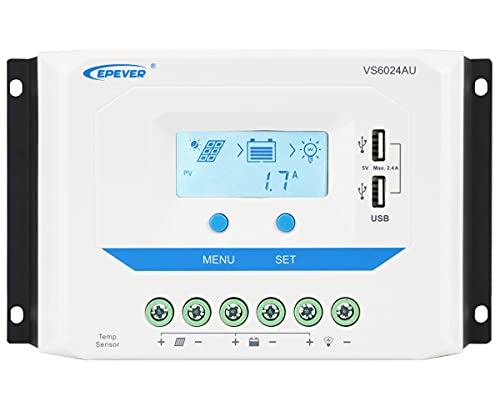 EPEVER 60A Solar Charge Controller 12V/24V Auto, 60 Amp Solar Panel Controller Regulator LCD Display with Dual USB Output, for Lead-Acid, Gel, Sealed, Flooded Batteries