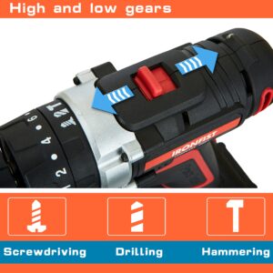 IRONFIST Cordless Drill, Screwdriver Impact Power Tools 21V Lithium Battery 3/8inch Keyless Chuck Led Light 2 Speed Driver