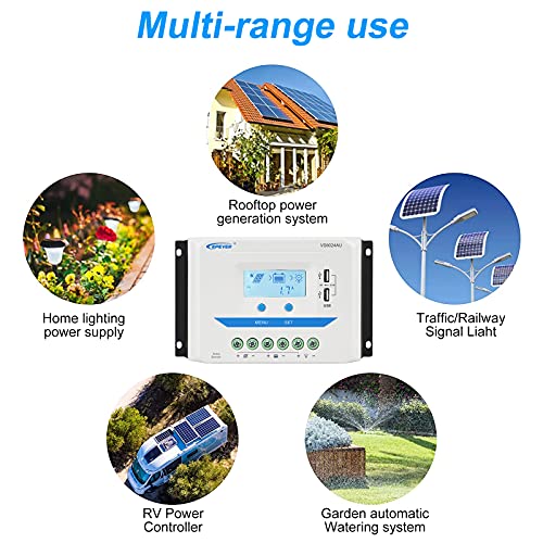 EPEVER 60A Solar Charge Controller 12V/24V Auto, 60 Amp Solar Panel Controller Regulator LCD Display with Dual USB Output, for Lead-Acid, Gel, Sealed, Flooded Batteries