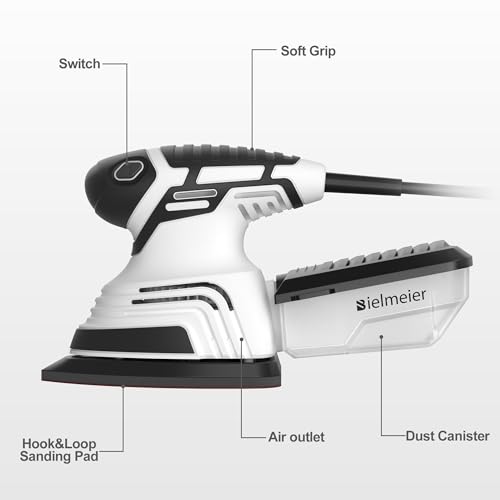 Bielmeier Electric Detail Sander with 12-Piece Sandpaper(60 Grit×3,80 Grit ×3,100 Grit×3,120 Grit × 3) with Efficient Dust Collection System Multi-Function,14,000 OPM Hand Held Sanders for Wood