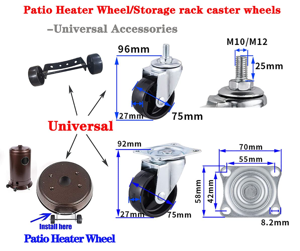 3 inch Universal Patio Heater Wheels /Storage rack caster wheels Universal Accessories - Easy to Move/Install-Gas Patio Heater Replacement Universal Movable Wheel,Outdoor Umbrella Gas Heater Wheel Kit