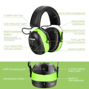 ZOHAN 037 Bluetooth Hearing Protection Headphones with 1500mAh Rechargeable Battery,NRR 25dB Noise Reduction Ear Muffs with 40H playtime for Mowing, Snowblowing, Construction,Workshops